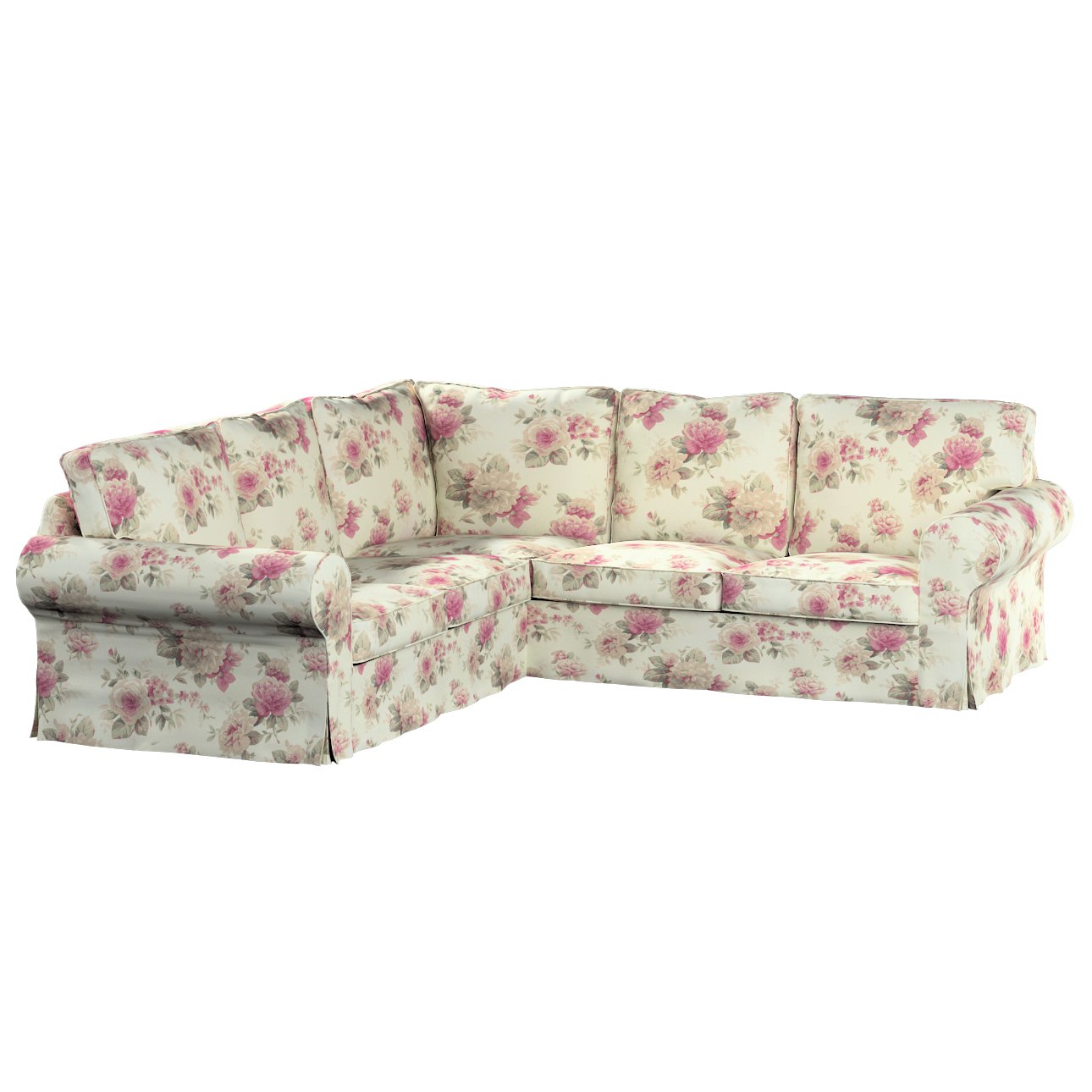 Ektorp trekk hjørnesofa og hjørnesovesofa, Naturhvit med rosa og grønn ...